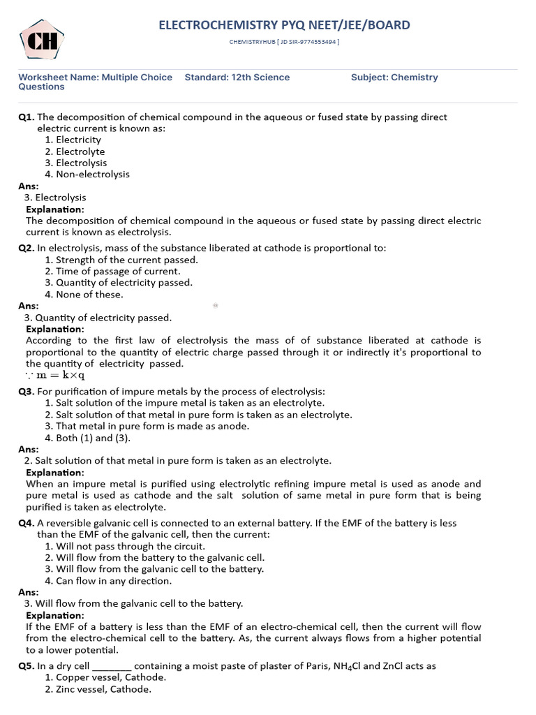 eLECTROCHEMISTRY 80 MCQ Sol | PDF