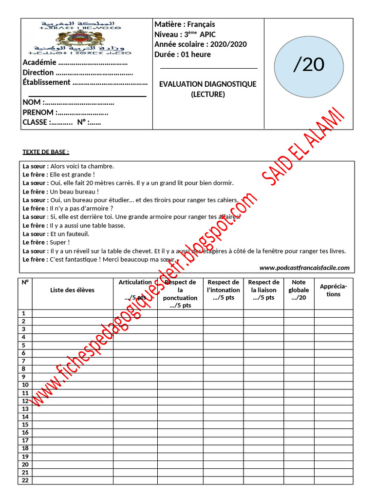 EVALUATION DIAGNOSTIQUE 3asc 2020-2021 Filig. Modif | PDF