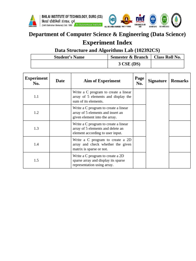 Dsa Lab Index Format | PDF