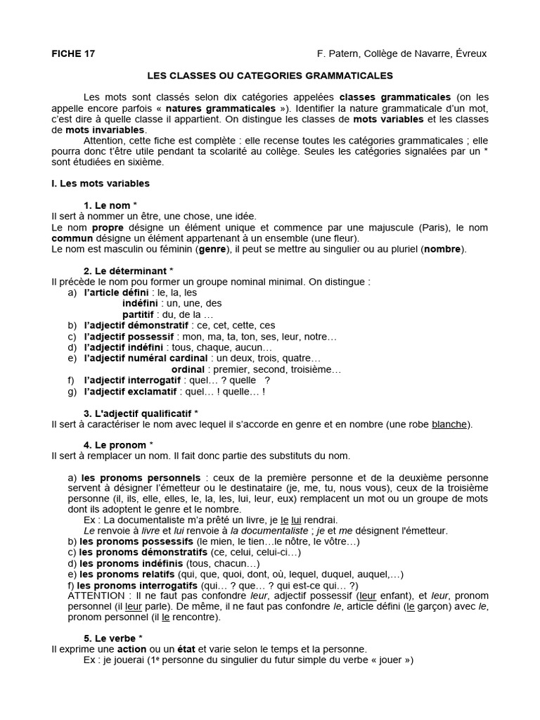 17 Les Classes Grammaticales 2 Pdf