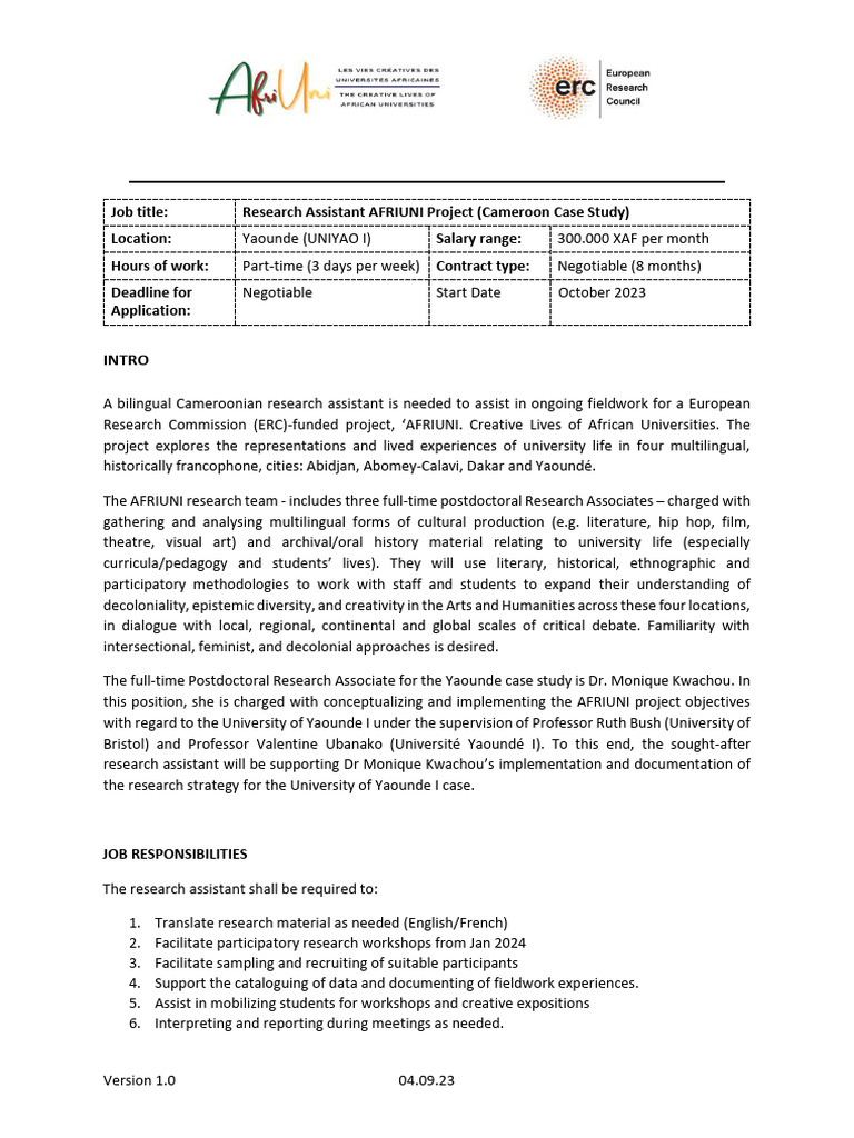 AFRIUNI - UNIYAO1-TOR For Research Assistant | PDF