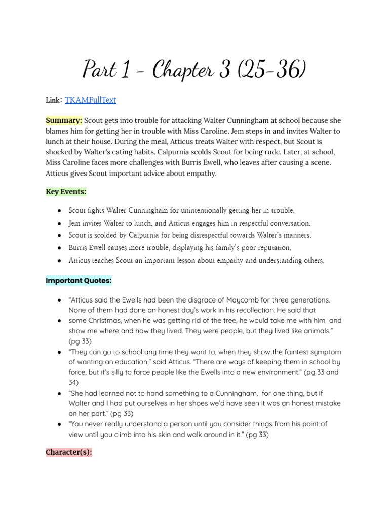 To Kill A Mockingbird Notes - Part 1 Chapter 3 | PDF