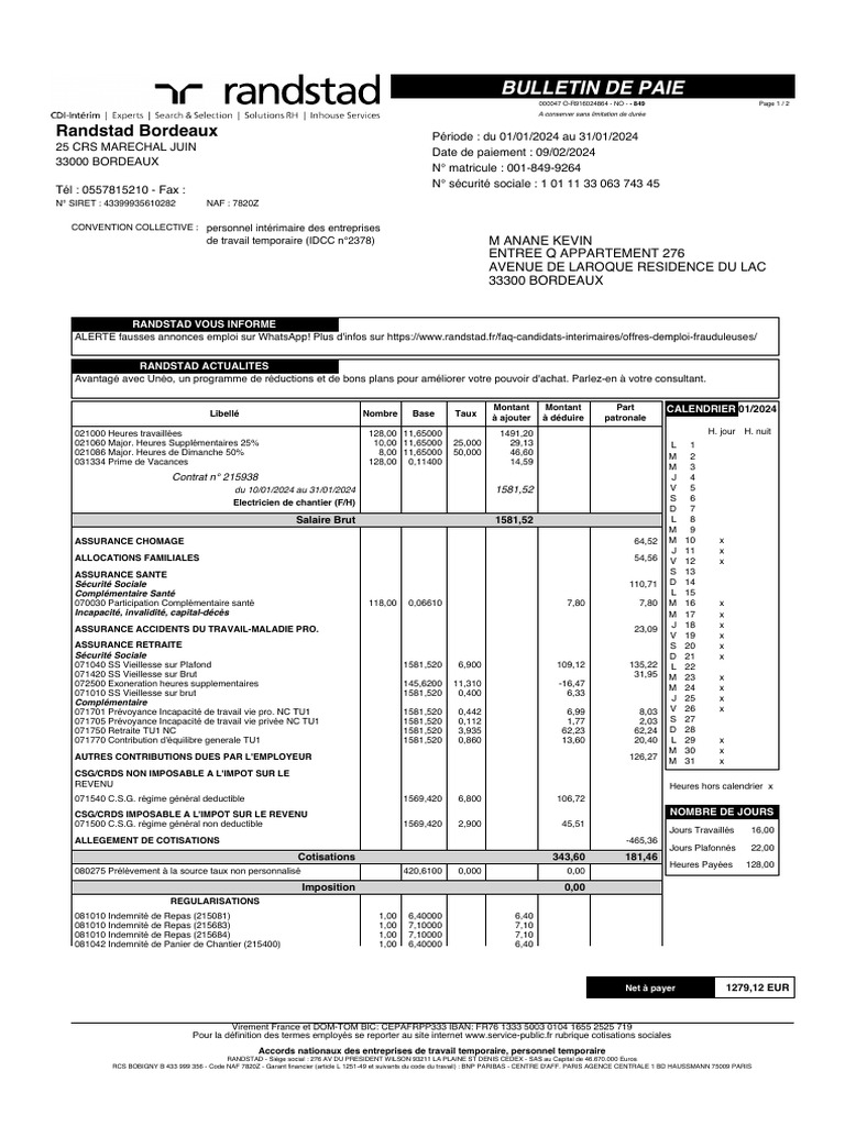 Ouvrir 2024-01 Bulletin de Paie RANDSTAD | PDF