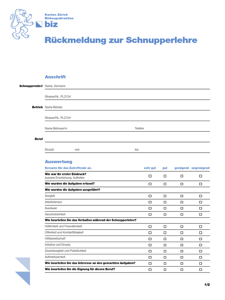 Rueckmeldung Zur Schnupperlehre | PDF