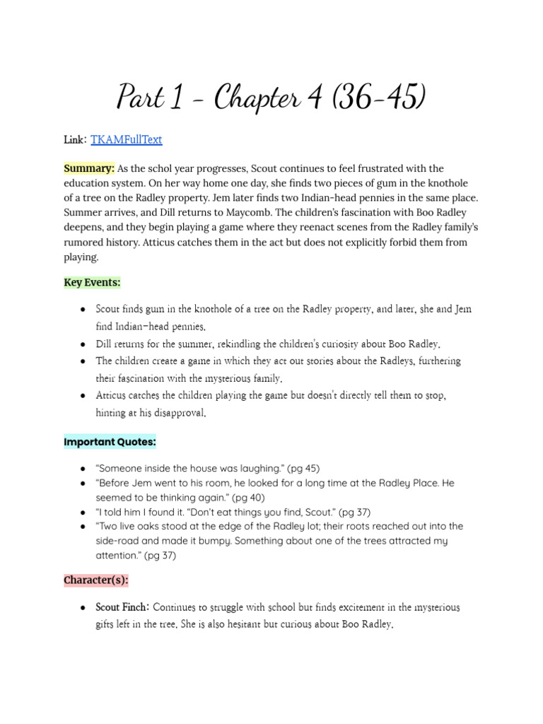 To Kill A Mockingbird Notes- Part 1 Chapter 4 | PDF