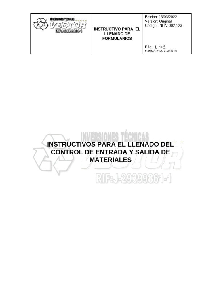 Instructivos para El Llenado de Control de Entrada y Salida de ...