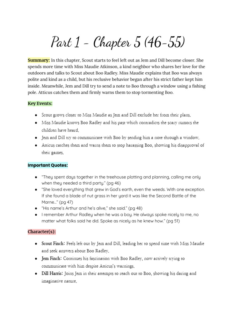 To Kill A Mockingbird Notes - Part 1 Chapter 5 | PDF