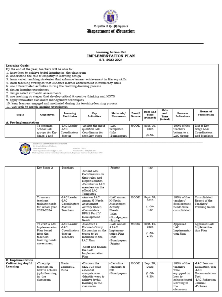Approved LAC Implementation Plan 2023-2024 | PDF