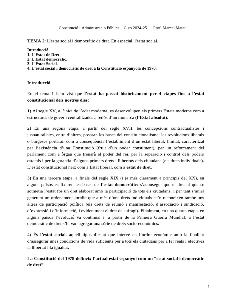 Tema 2. Lestat Social I Democràtic de Dret | PDF