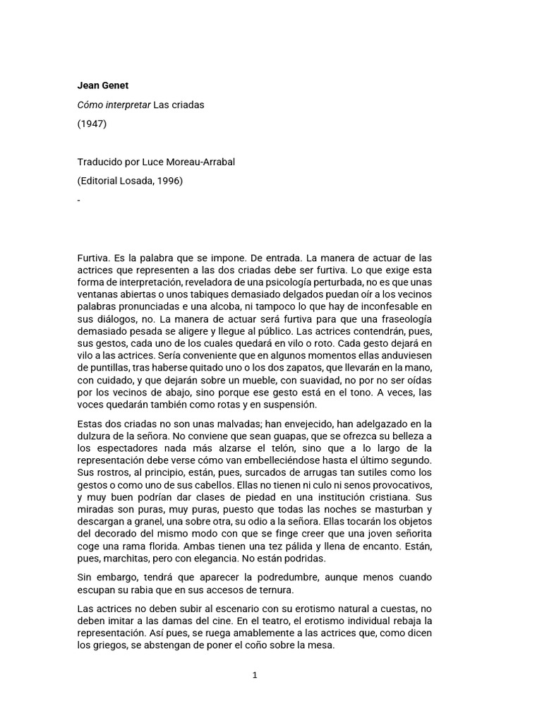 JEAN GENET, Como Interpretar Las Criadas | PDF