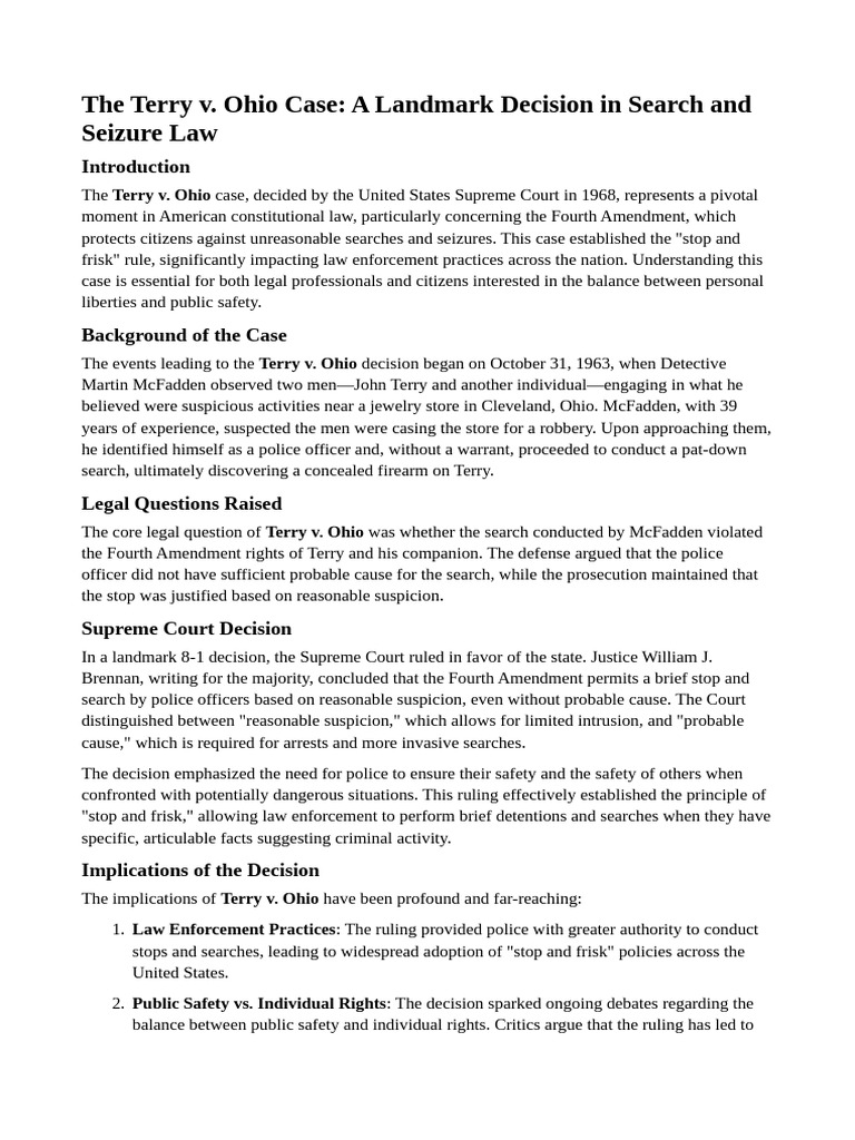 The Terry v. Ohio Case: A Landmark Decision in Search and Seizure Law | PDF