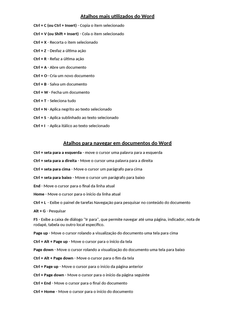 Atalhos Mais Utilizados Do Word | PDF