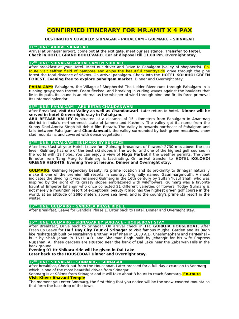Confirmed Itinerary For MR - Amit X 4 Pax | PDF