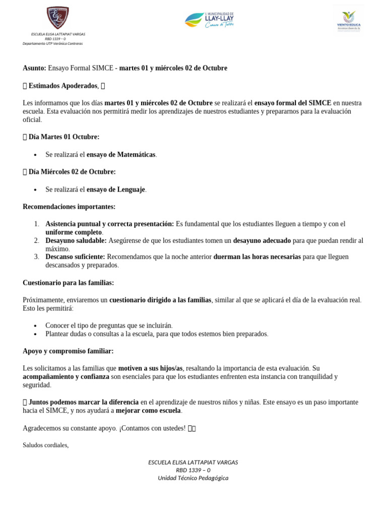 Comunicado Ensayo Simce 4to | PDF