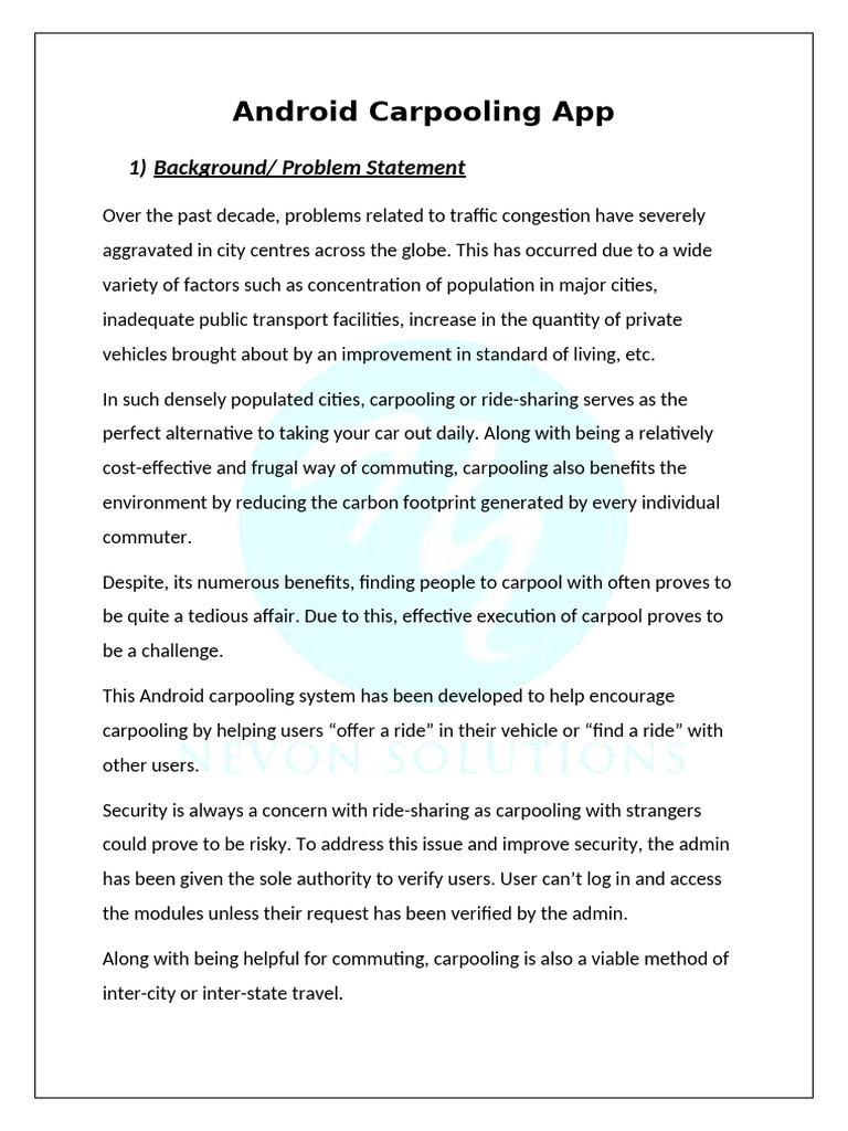 Android Carpooling App: 1) Background/ Problem Statement | PDF