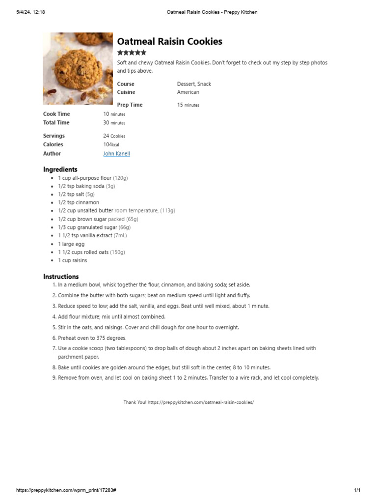 Oatmeal Raisin Cookies - Preppy Kitchen | PDF