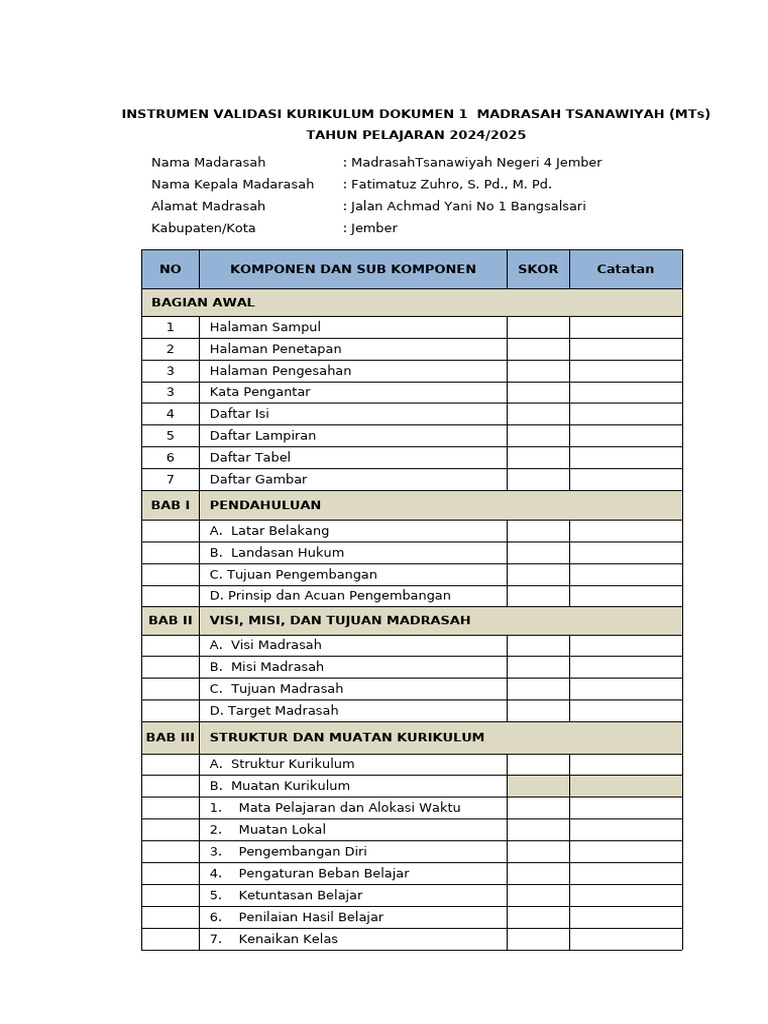 Lampiran 01 Instrumen Validasi KTSP | PDF