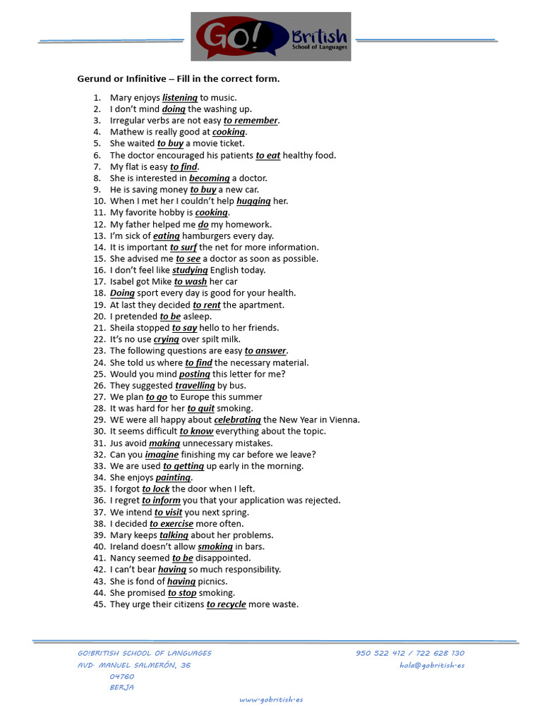 Gerund and Infinitive Gaps Solution | PDF