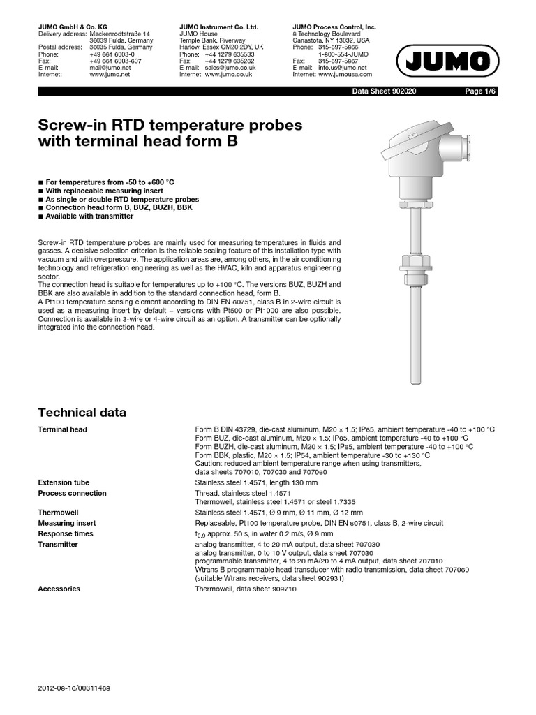 Screw-In RTD Temperature Probes With Terminal Head Form B: Technical ...