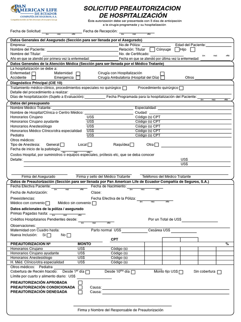 Solicitud Preautorizacion de Hospitalizacion | PDF