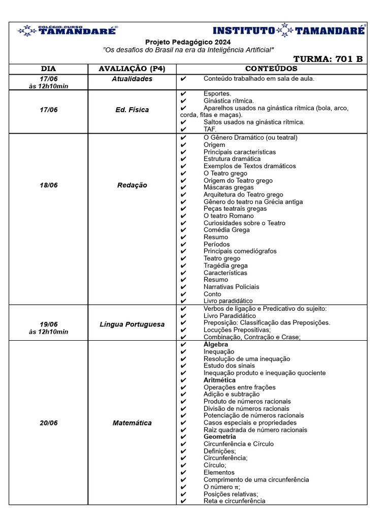 Unidade Recreio I Calendário de Conteúdo p4 - 701 B | PDF