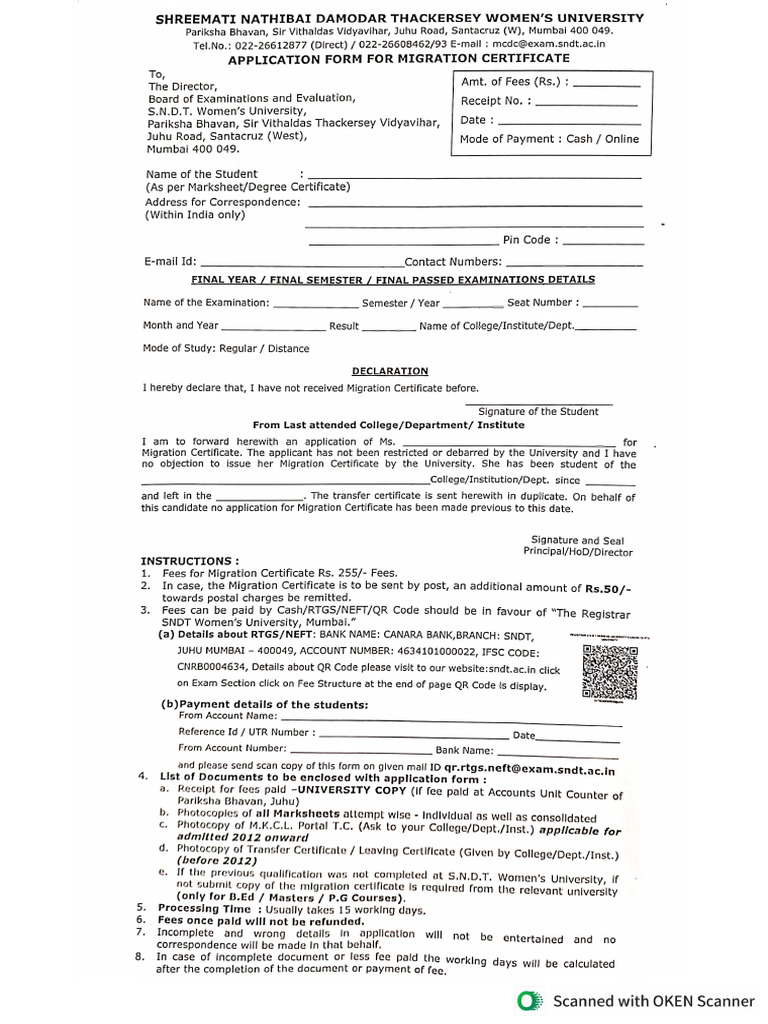 Application Form For Migration Certificate | PDF