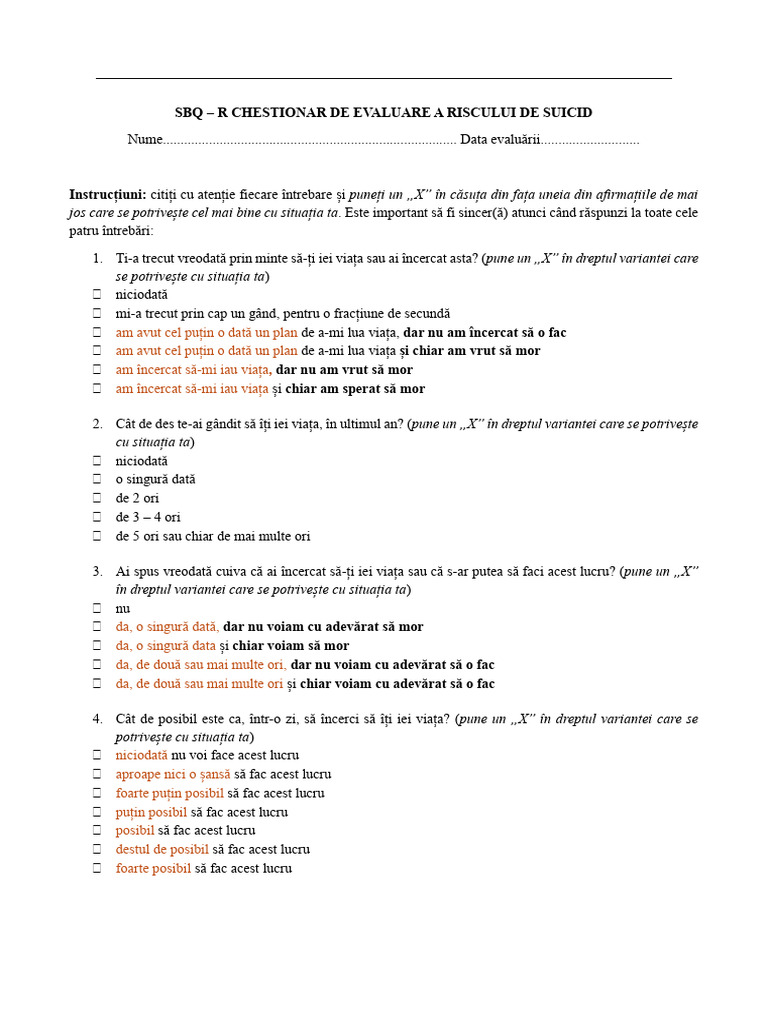 Chestionar Risc Suicid | PDF