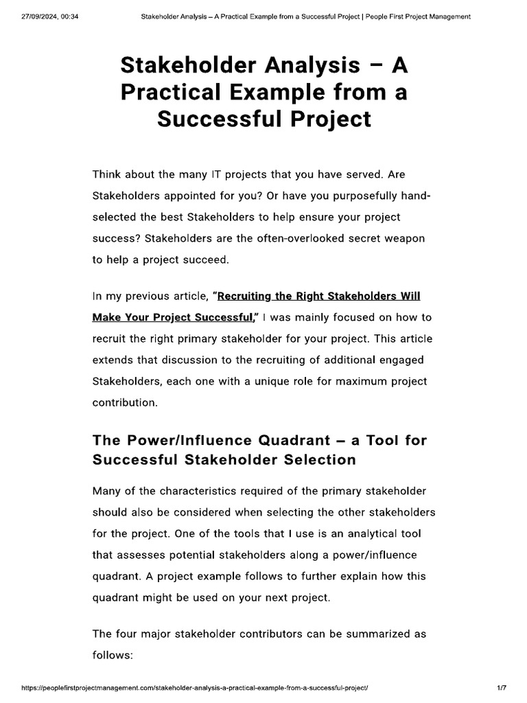 Stakeholder Analysis - A Practical Example From A Successful Project | PDF