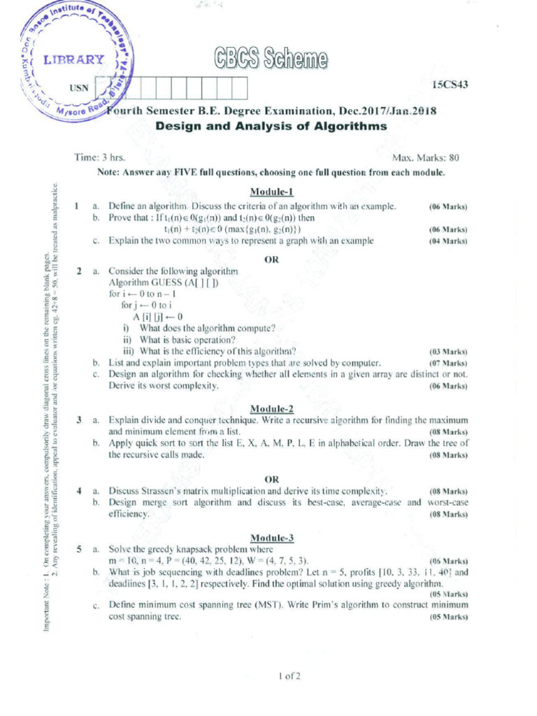 4th Semester CS Question Papers Dec 2017 - Jan 2018 | PDF