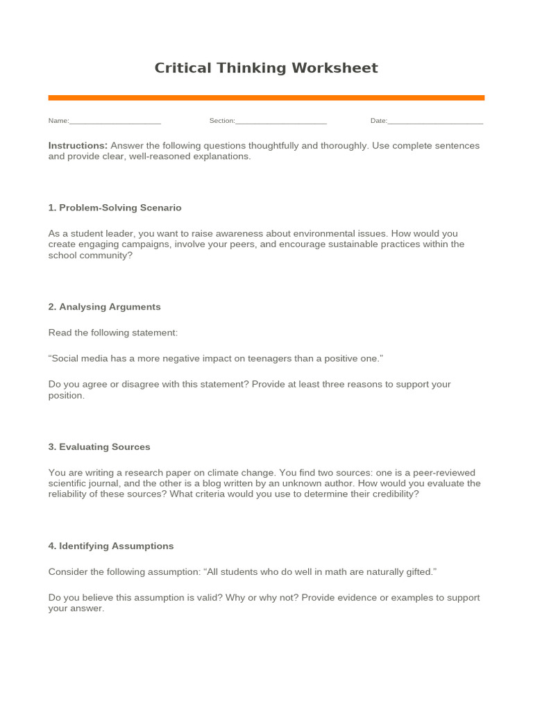 Critical Thinking Skills Worksheet | PDF | Thought | Critical Thinking