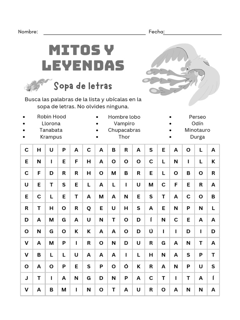 Hoja de Trabajo Sopa de Letras Mitos y Leyendas Naranja | PDF
