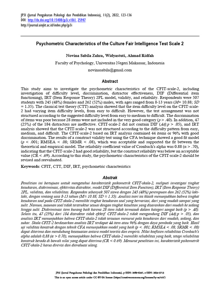 Psychometric Characteristics of The Culture Fair I | PDF