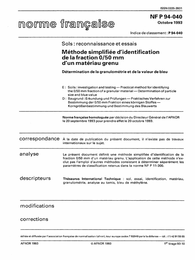 NF P94-040 (1993) - Méthode Simplifiée D'identification de La Fraction 050 MM D'un Matériau ...