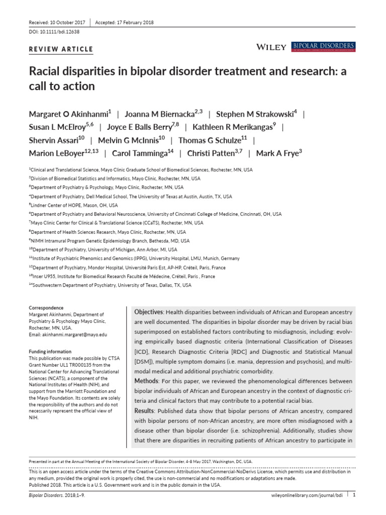 Racial Disparities in Bipolar Disorder Treatment and Research 2017 | PDF