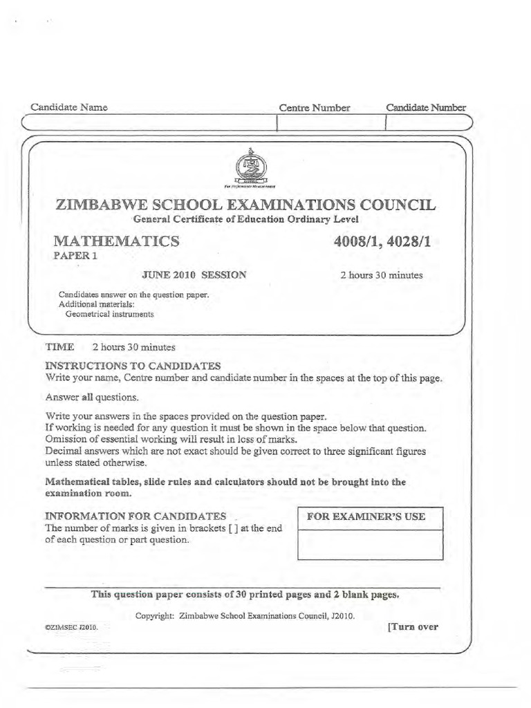 O-Levels Mathematics 2010 | PDF