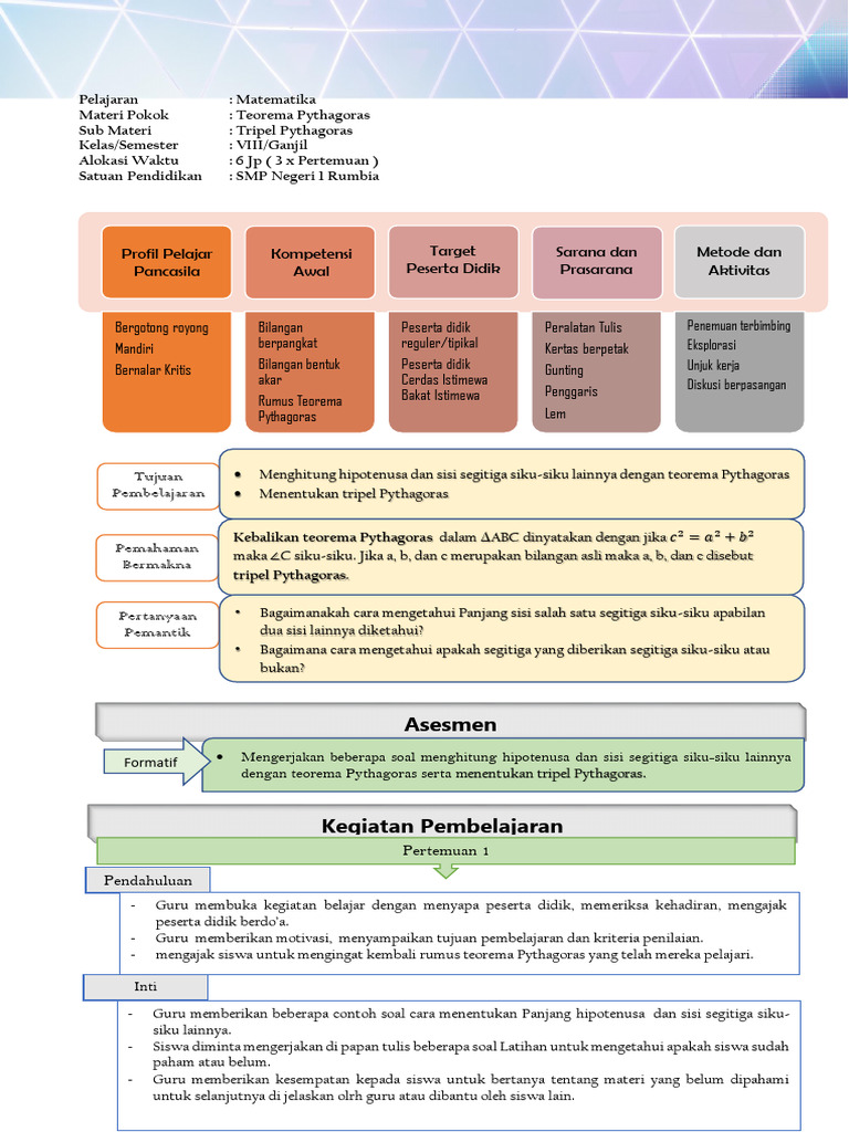 Modul Ajar - 2.2. Tripel Pythagoras | PDF