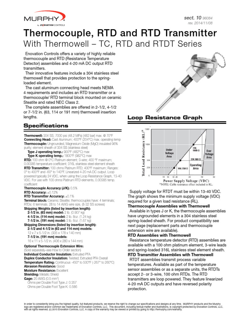 Thermocouple, RTD and RTD Transmitter With Thermowell - TC, RTD and RTDT Series | PDF