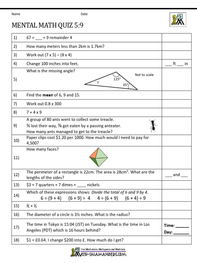 Mental Math 5th Grade 9 | PDF