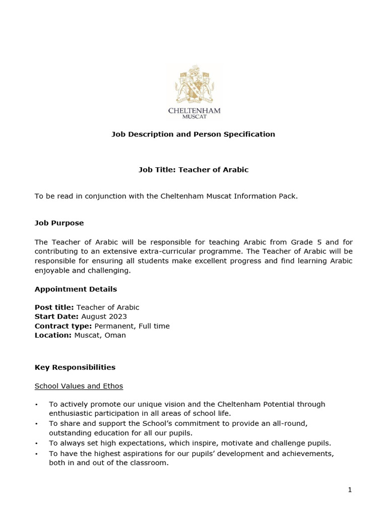 Arabic Teacher Job Description | PDF