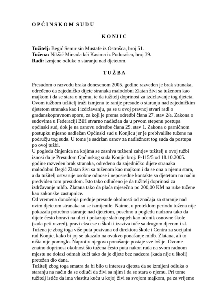 Tužba Radi Izmjene Odluke o Staranju Roditelja Nad Djetetom | PDF