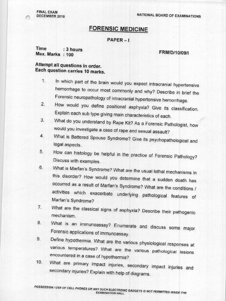 Forensic Medicine Final Exam 2010 | PDF | Pathology | Clinical Medicine