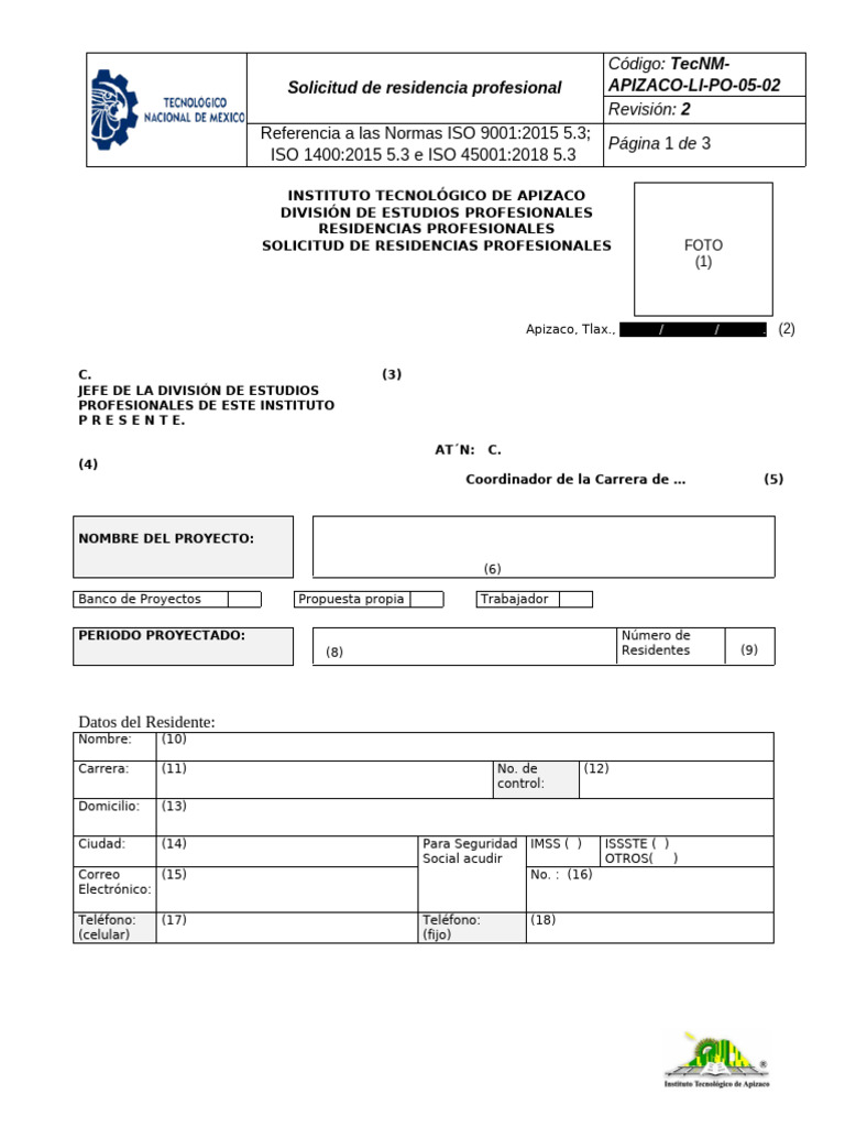 TecNM-APIZACO-LI-PO-05-02 Solicitud de Residencia Profesional | PDF