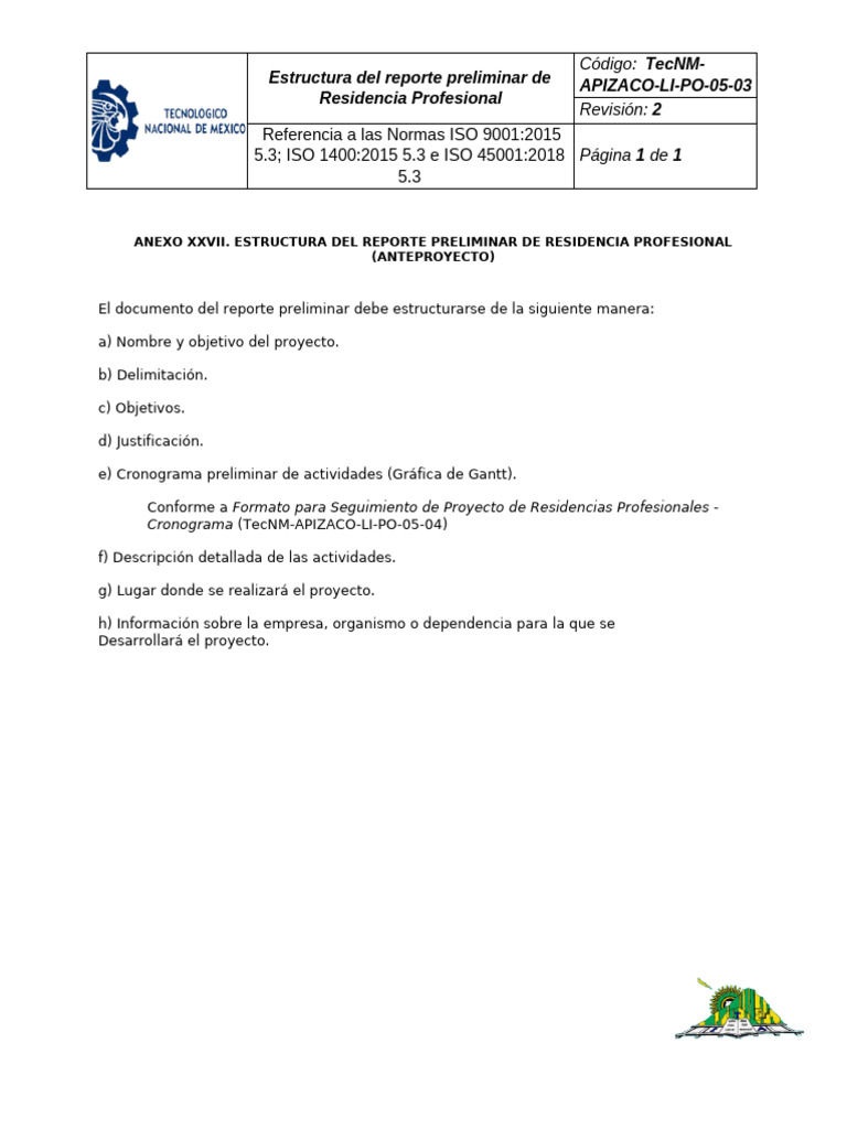 TecNM-APIZACO-LI-PO-05-03 Estructura Del Reporte Preliminar de Residencia Profesionalanexo XXVII ...