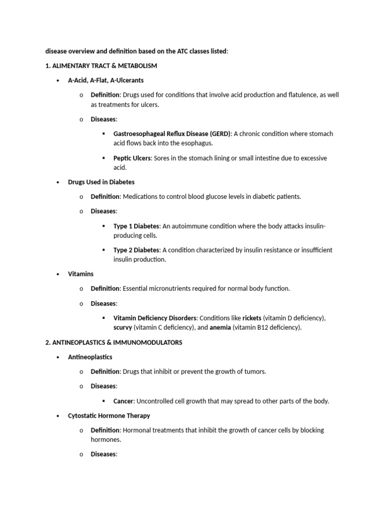 Disease Overview and Definition Based On The ATC Classes Listed | PDF