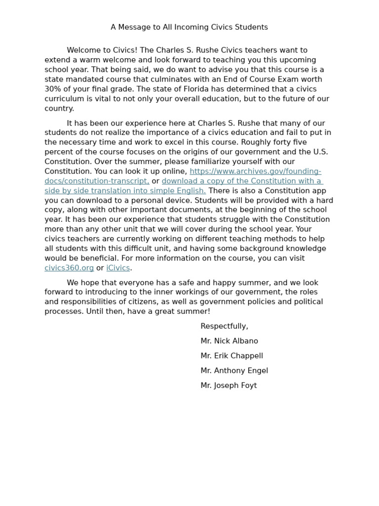 Welcome To Civics 6th Grade Letter | PDF