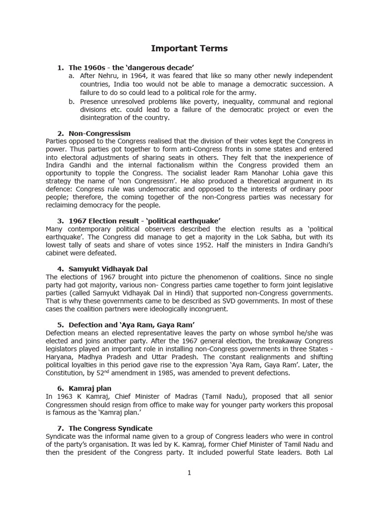 Important Terms - Challenges To and Restoration of The Congress System ...