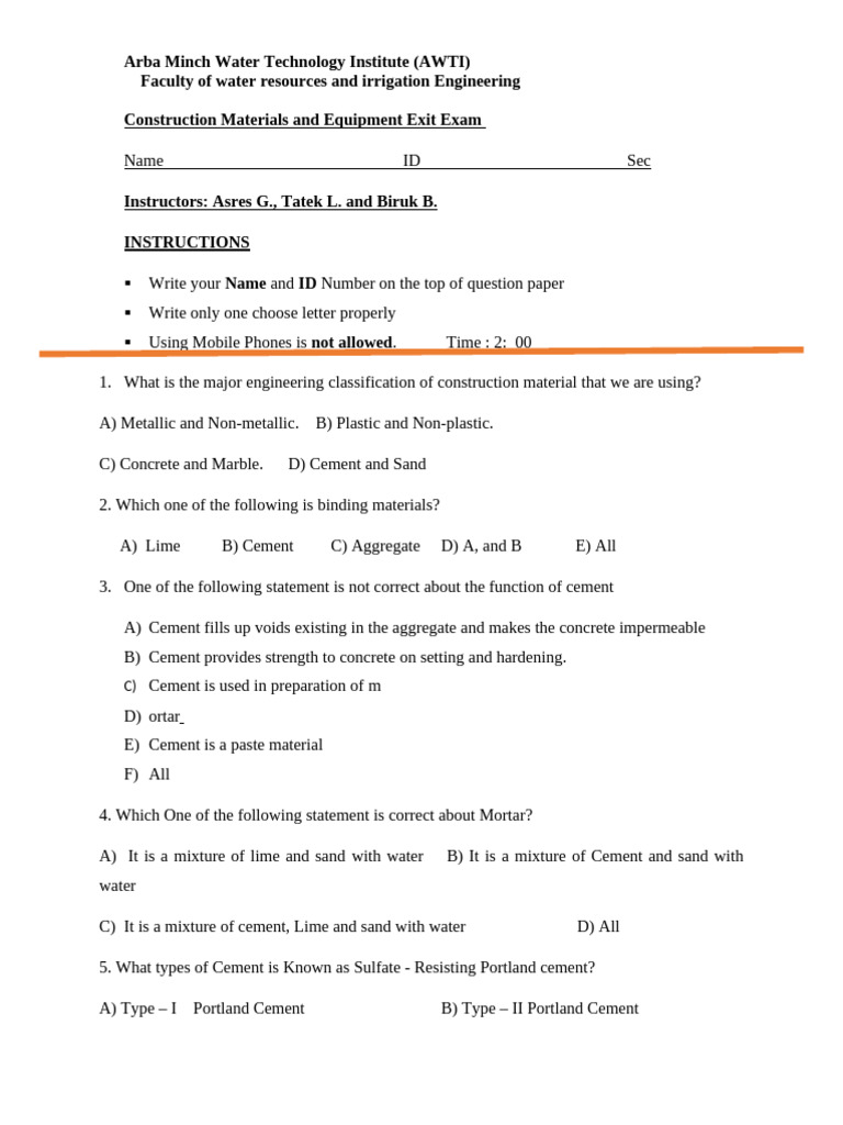 Construction Materials and Equipments - Model Exam | PDF