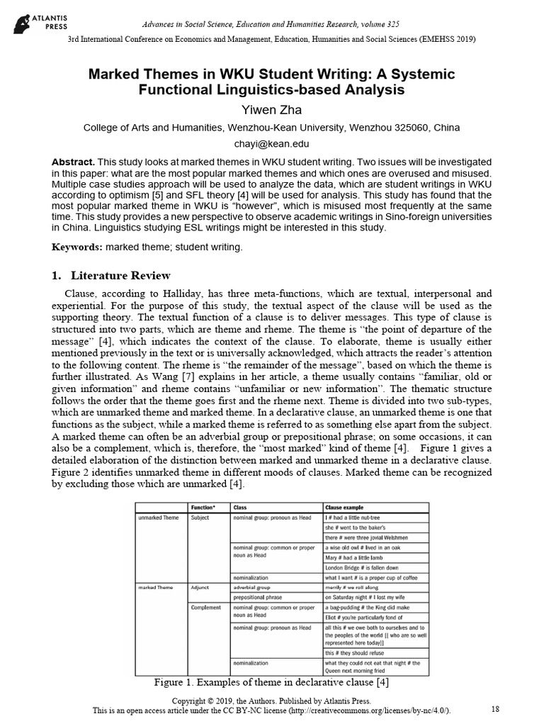 Marked Themes in WKU Student Writing: A Systemic Functional Linguistics ...