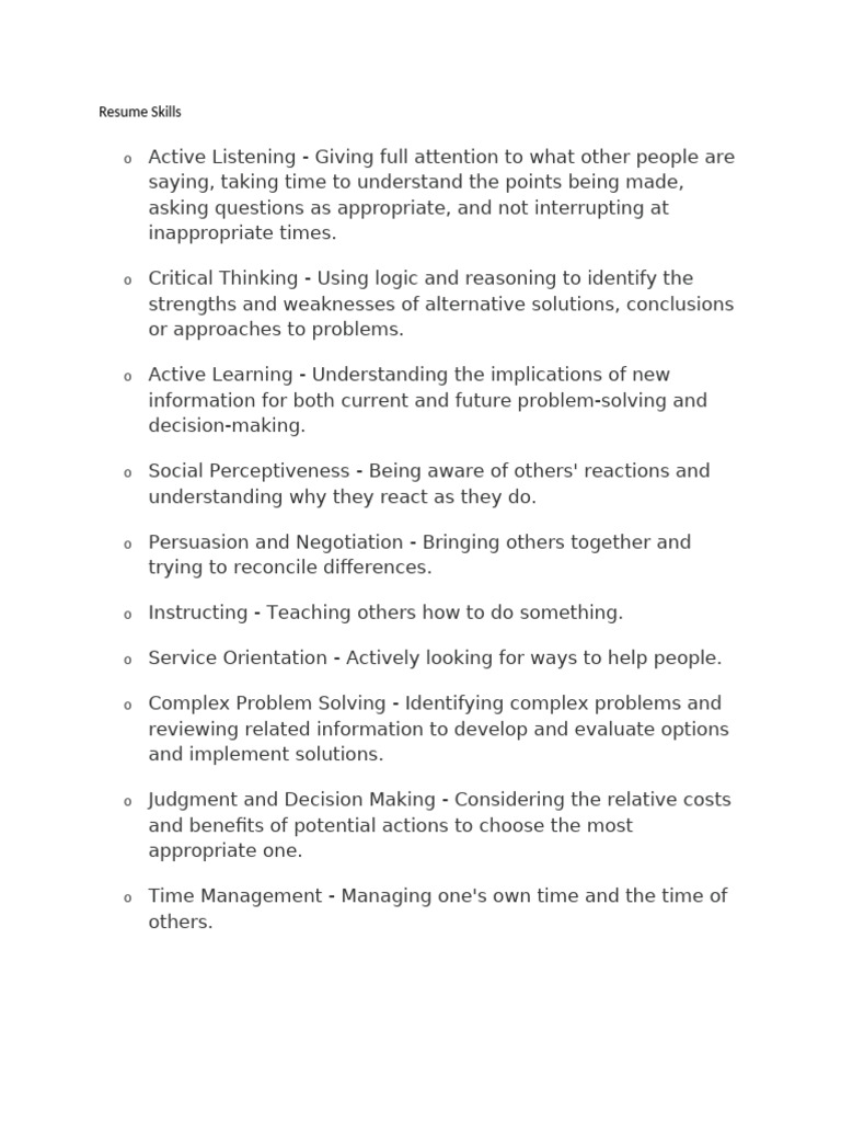 Resume Skills | PDF | Critical Thinking | Decision Making