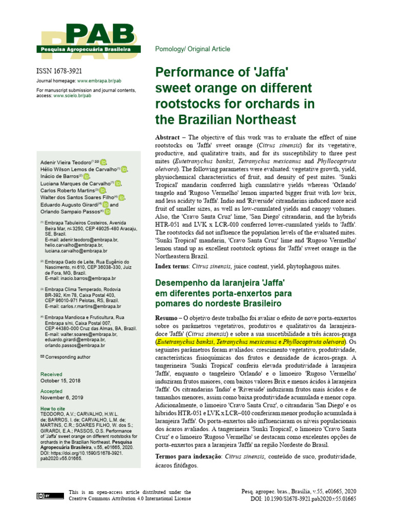 2020 - Teodoro Et Al - Performance of Jaffa Sweet Orange On Different ...